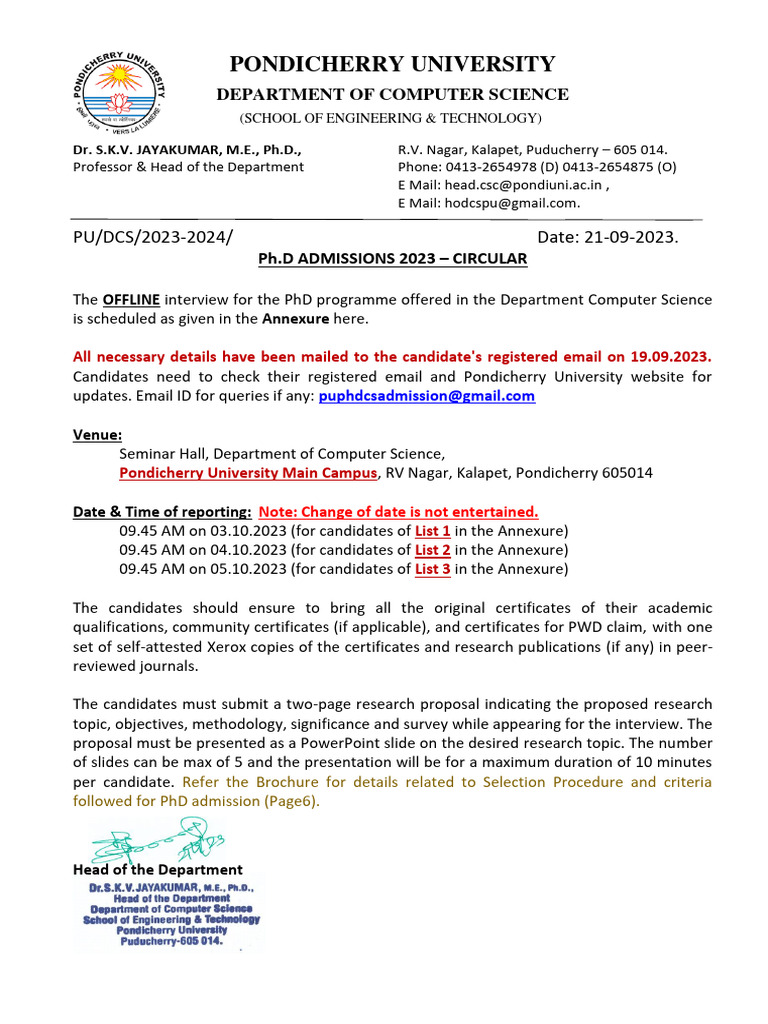 Pondicherry University PhD Admission 2023 | PDF | Doctor Of Philosophy | Academic Degree