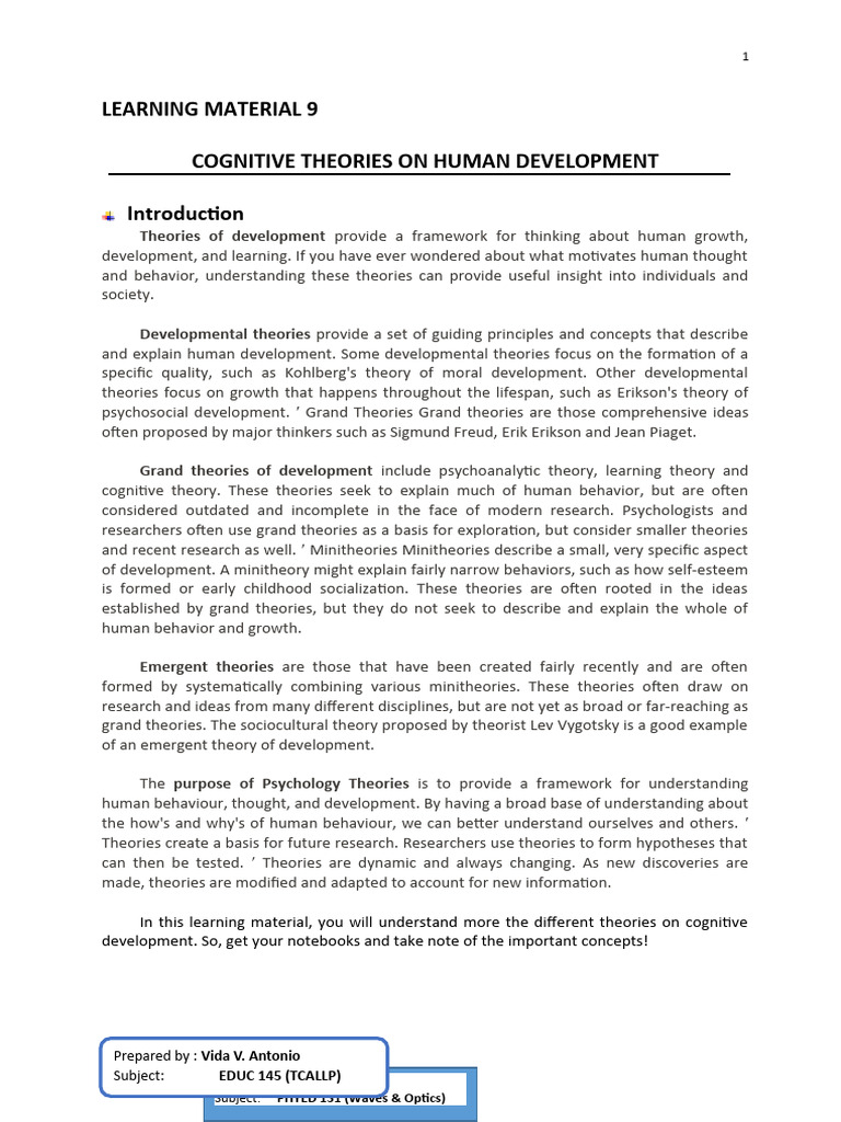 Learning Material 9. Cognitive Theories On Human Development | PDF | Cognitive Development ...