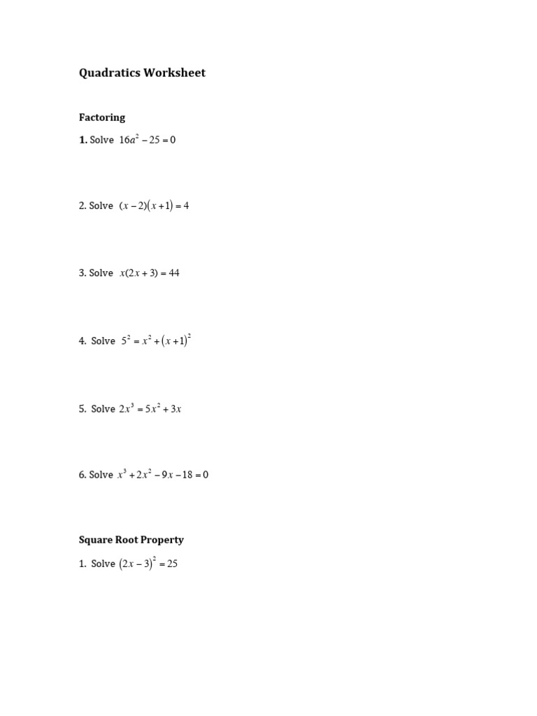 Quadratic Equations Worksheet | PDF | Quadratic Equation | Algebra