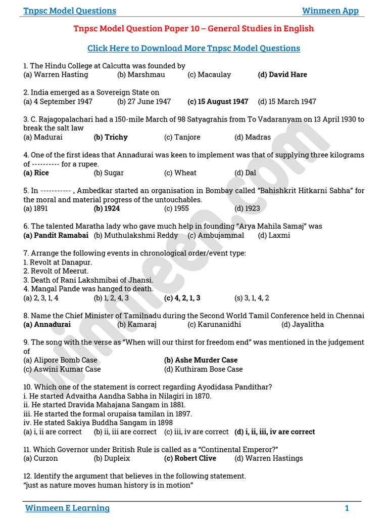 TNPSC Model Question Paper 10 - General Studies in English | PDF