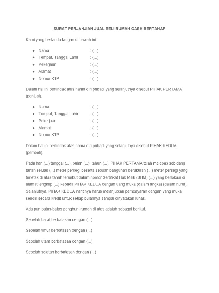 Surat Perjanjian Jual Beli Rumah Cash Bertahap | PDF Surat Perjanjian Jual Beli Rumah Cash Bertahap | PDF