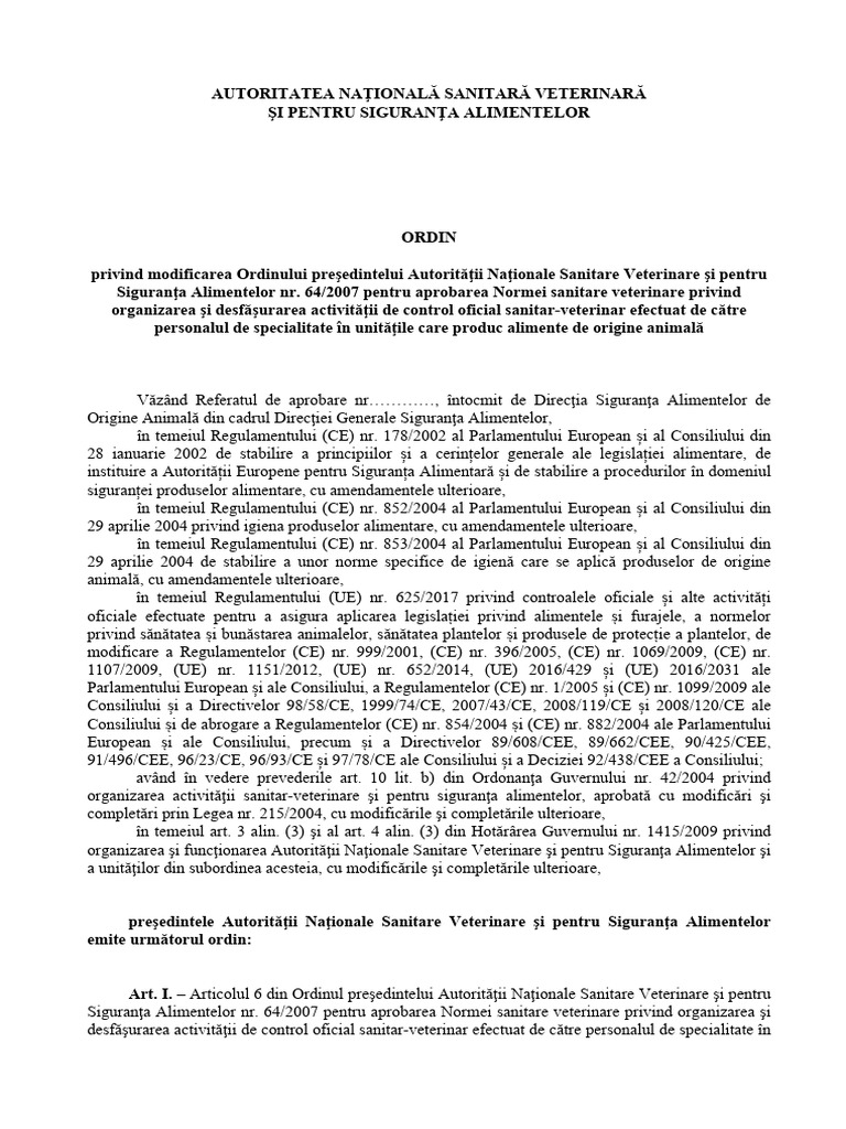 Modif 1 Proiect Ordin Modif Ord 64 2007 CTRL Ofic Unit Animal 22.12.2020 | PDF