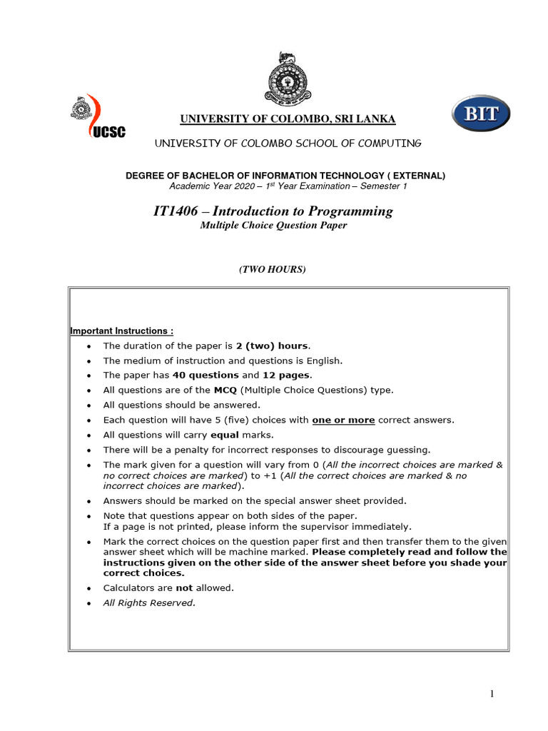 Past Papers | PDF | Class (Computer Programming) | Multiple Choice