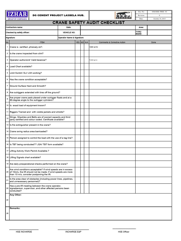 1340 Hse FRM - 16 Crane Safety Checklist | PDF | Crane (Machine ...