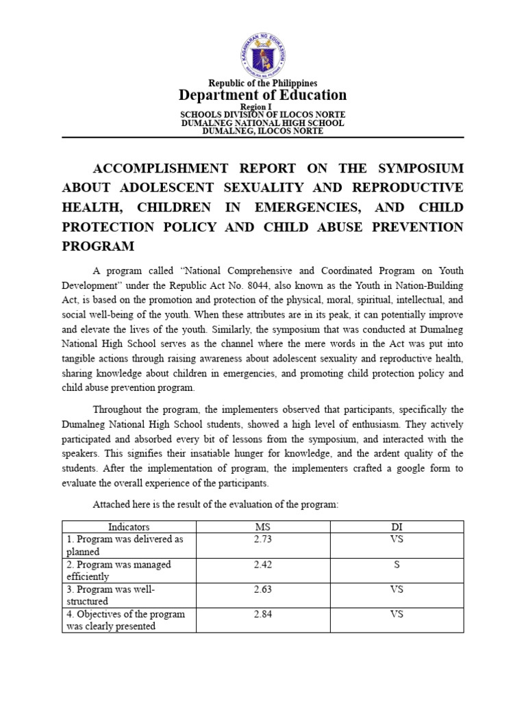 Accomplishment Report | PDF | Youth | Child Abuse