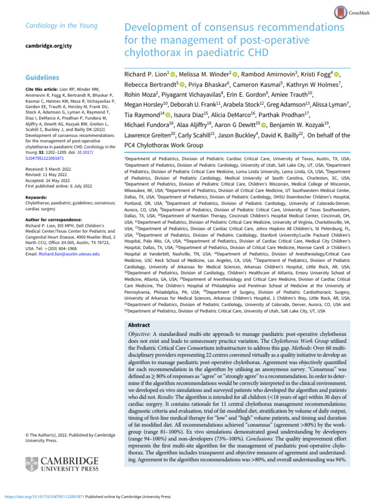 Development of Consensus Recommendations For The Management of Post Operative Chylothorax in ...