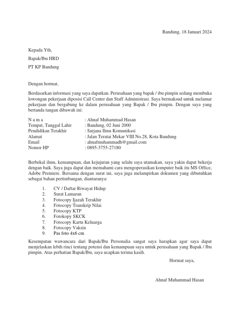 Surat Lamaran PT KP Bandung | PDF | Bisnis | Ilmu Sosial