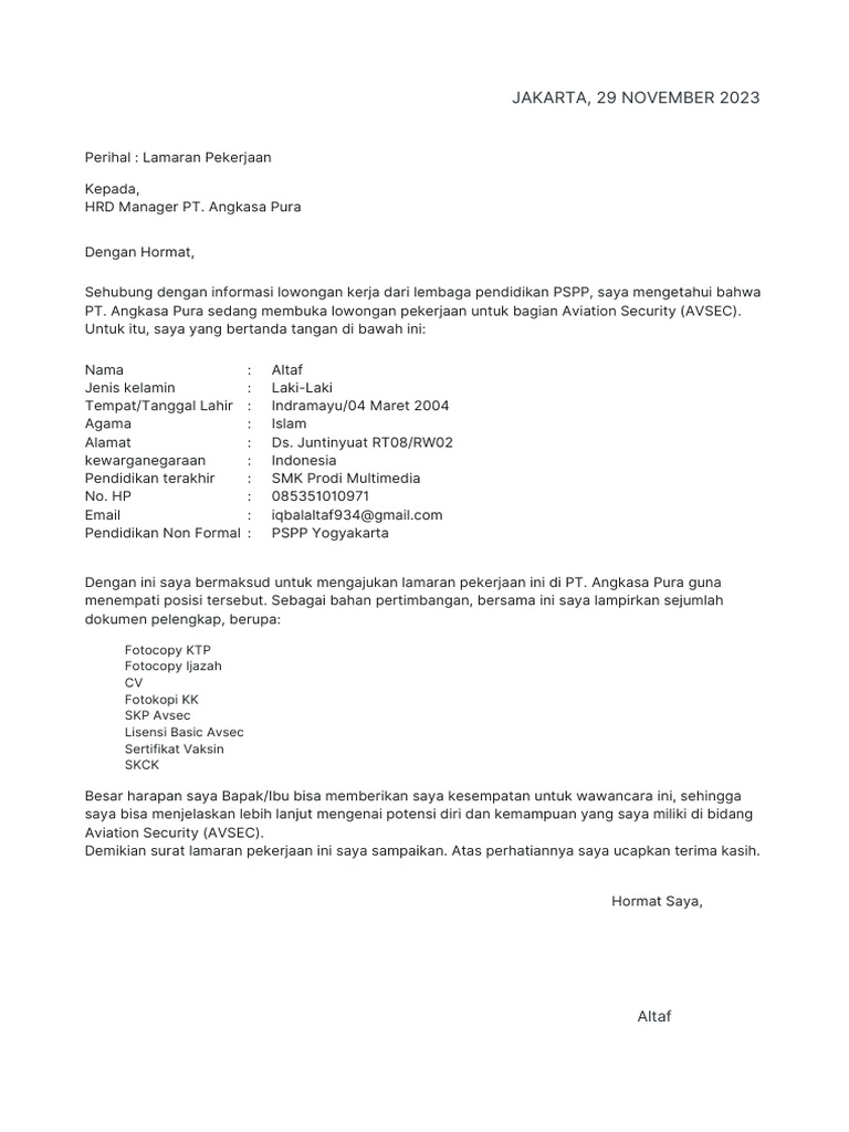 Lamaran Kerja Altaf | PDF