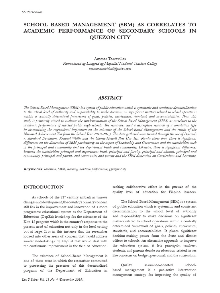 School Based Management (SBM) As Correlates To Academic Performance of ...