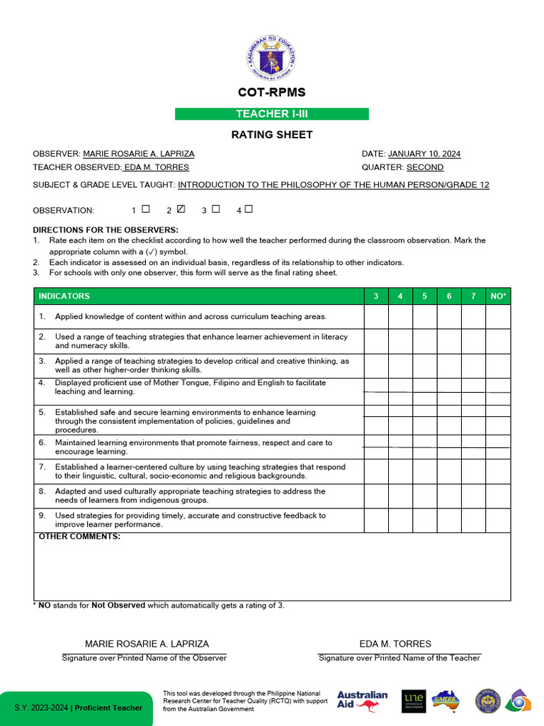 Appendix C 02 COT RPMS Rating Sheet For T I III For SY 2023 2024 | PDF ...