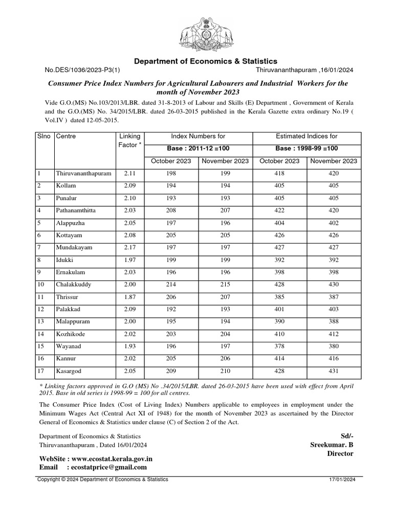 The Kerala Minimum Wages Cpi Notification (November 2023) | PDF | Cost Of Living | Kerala