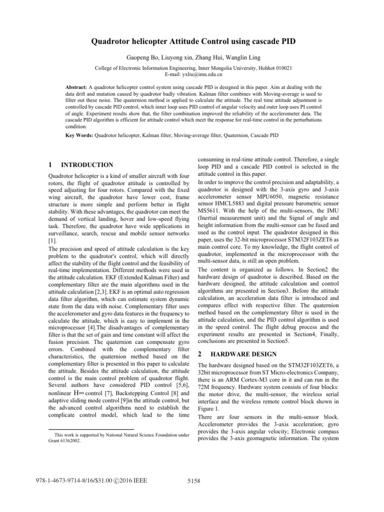 Bo2016 - Quadrotor Helicopter Attitude Control Using Cascade PID | PDF | Gyroscope | Kalman Filter