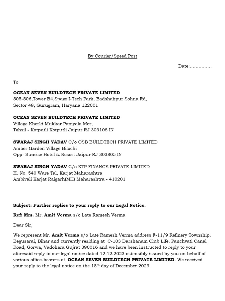 Draft Reply Legal Notice Raheja Atalantis | PDF | Justice | Crime & Violence