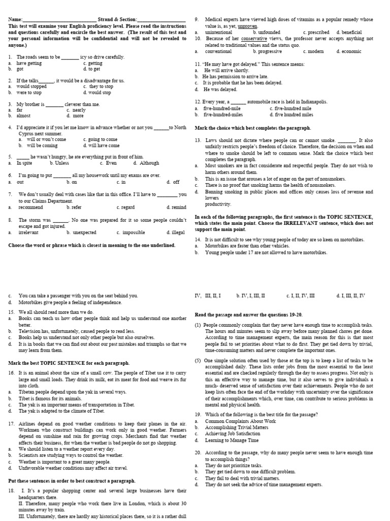 English Proficiency Test Questions | PDF