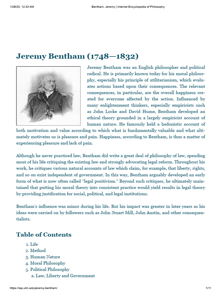 William Sweet, Jeremy Bentham' Internet Encyclopedia of Philosophy ...