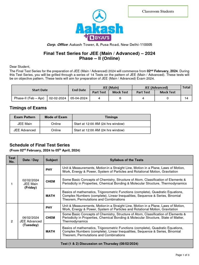 Aakash Final Test Series for JEE 2024 | PDF | Chemistry ...