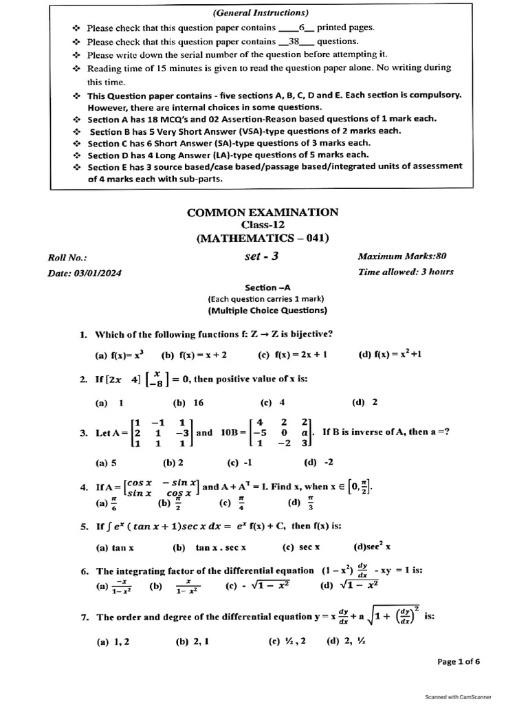 Class Xii Maths PB Set-3 2023-24 (Banglore Sahadaya) | PDF
