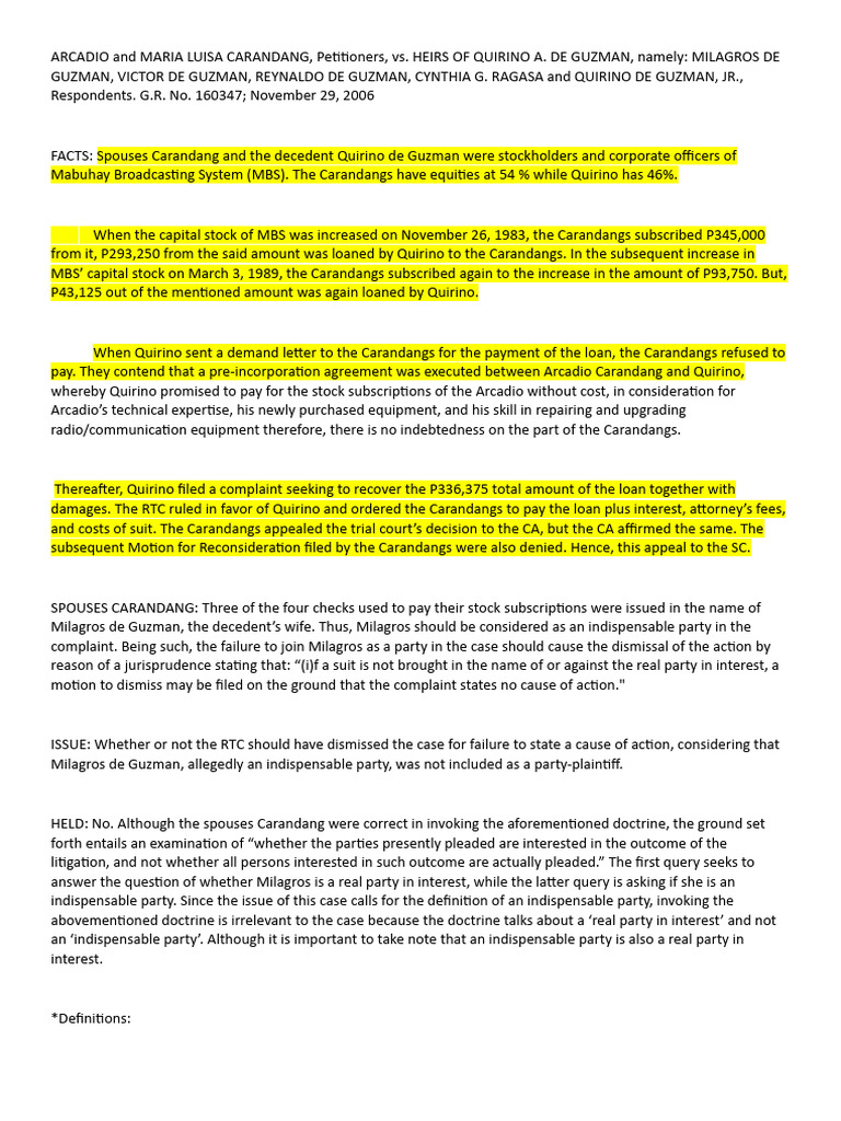 Carandang vs. De Guzman: Indispensable Party Ruling | PDF | Lawsuit ...