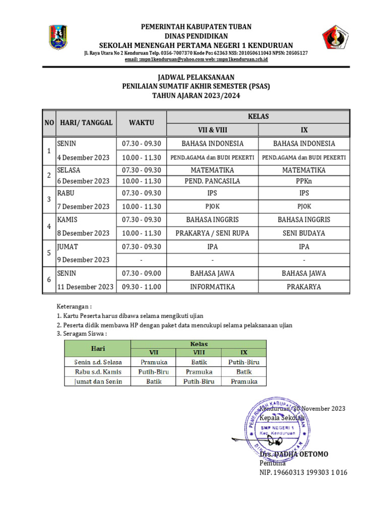 Jadwal Psas 2023-2024 Siswa | PDF