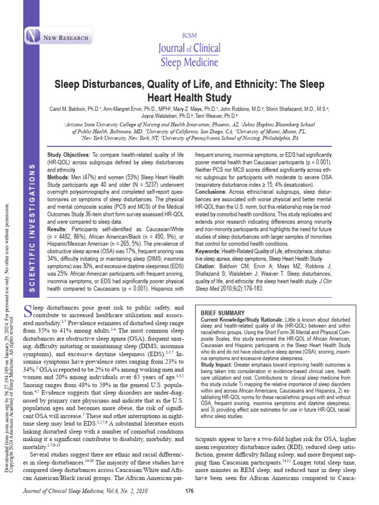 Baldwin Et Al 2010 Sleep Disturbances Quality of Life and Ethnicity The ...