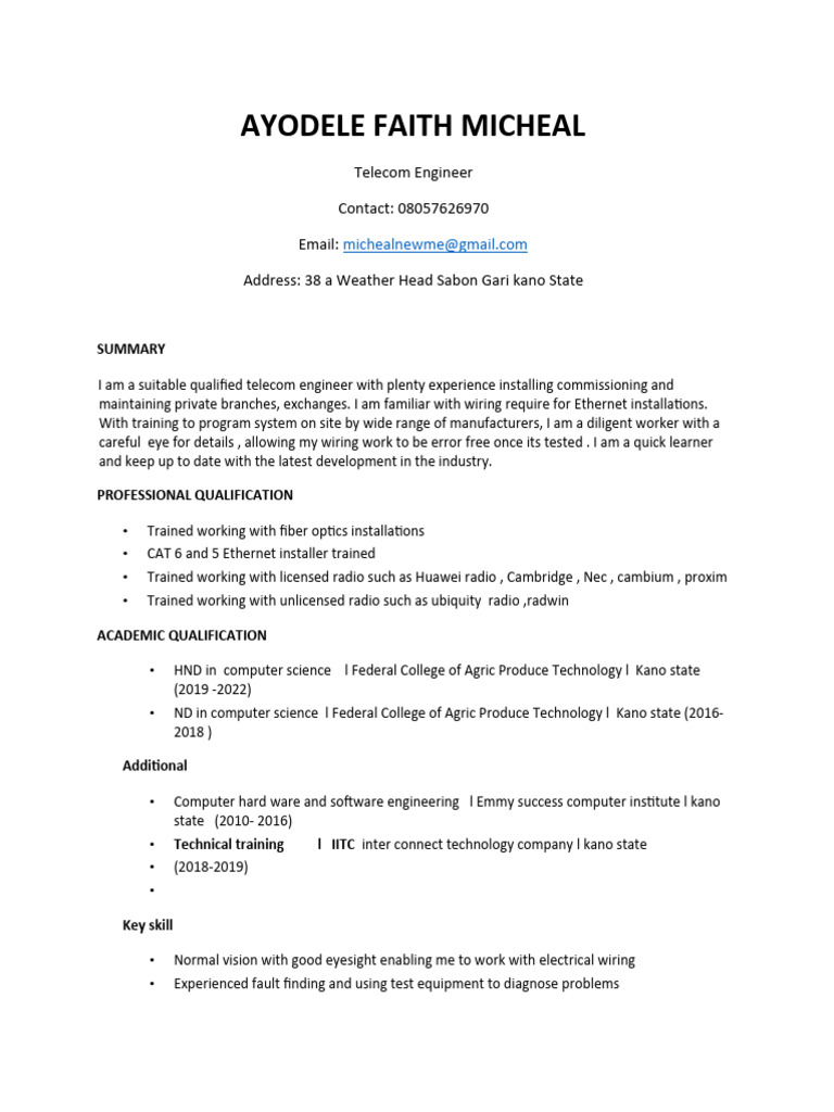 Faith CV With Referencw-1 | Download Free PDF | Telecommunications ...