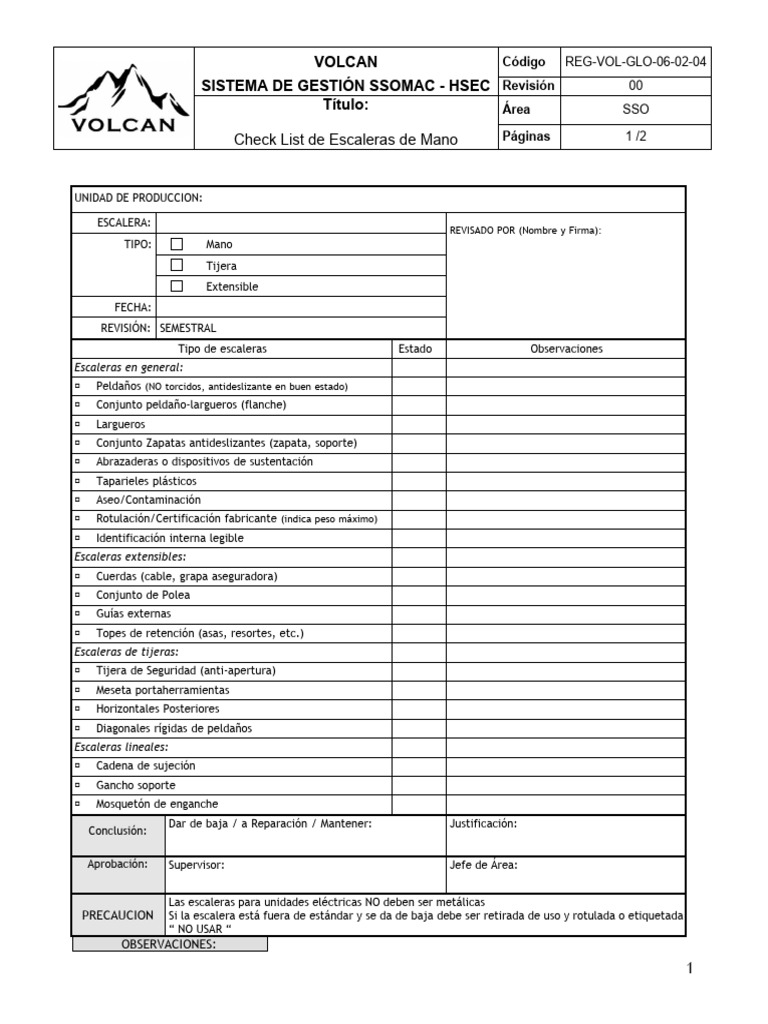 REG-VOL-GLO-06-02-04 Check List de Escaleras de Mano | PDF | Escalera ...