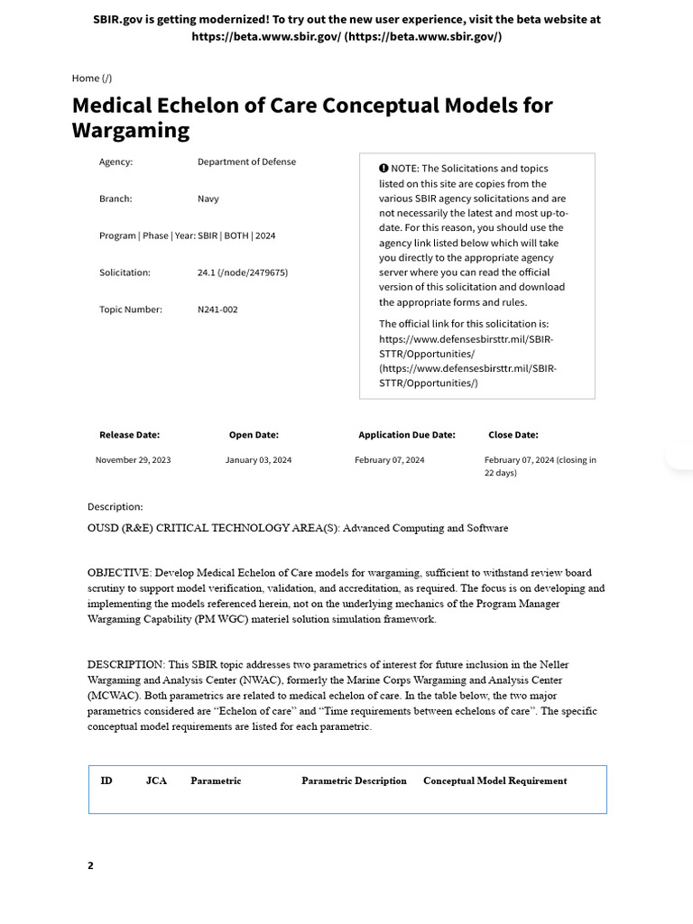 Medical Echelon of Care Conceptual Models For Wargaming - SBIR - Gov ...