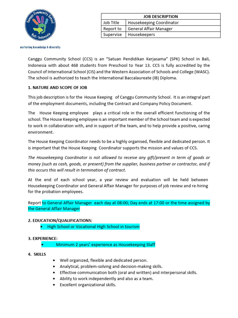Job Description Housekeeping Coordinator | PDF | Housekeeping | Business