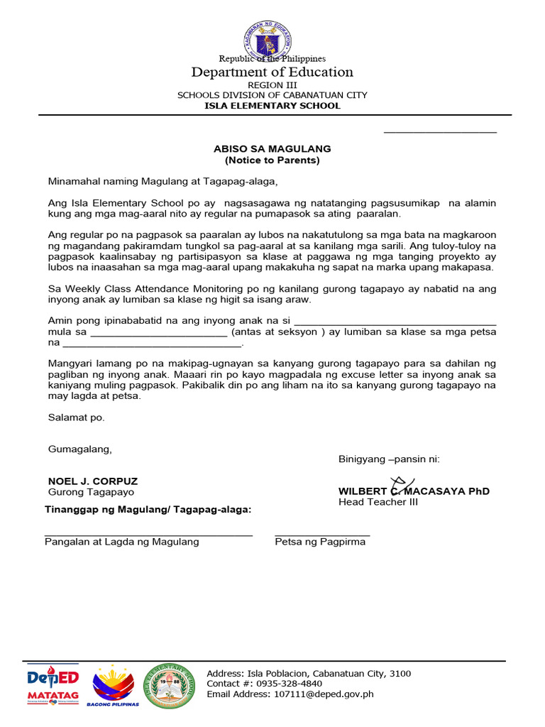 Abiso sa Magulang Absenteeism | PDF