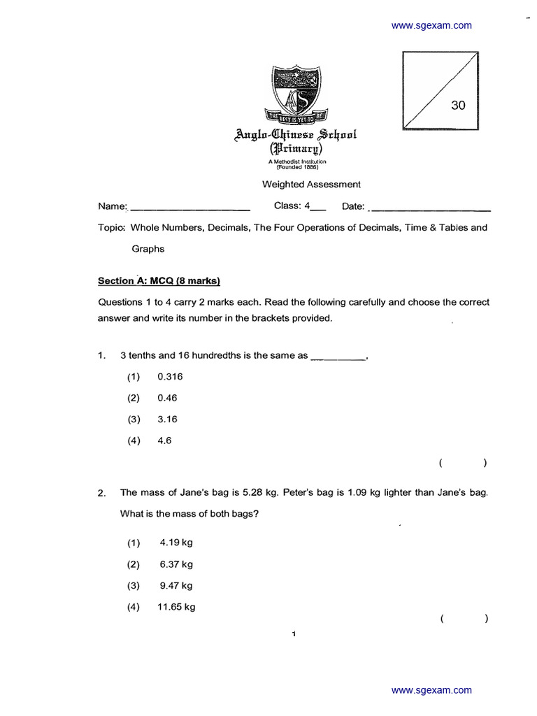 2021 P4 Maths CA1 ACSP | PDF