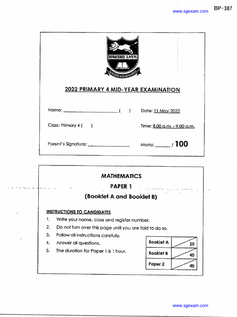 2022-P4-Maths-Semestral Assessment 1-Tao Nan | PDF