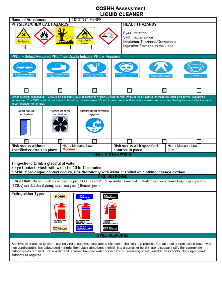 1 COSHH Assessment Substance Handling Sheet - 1 Liquid Cleaner | PDF | Personal Protective ...
