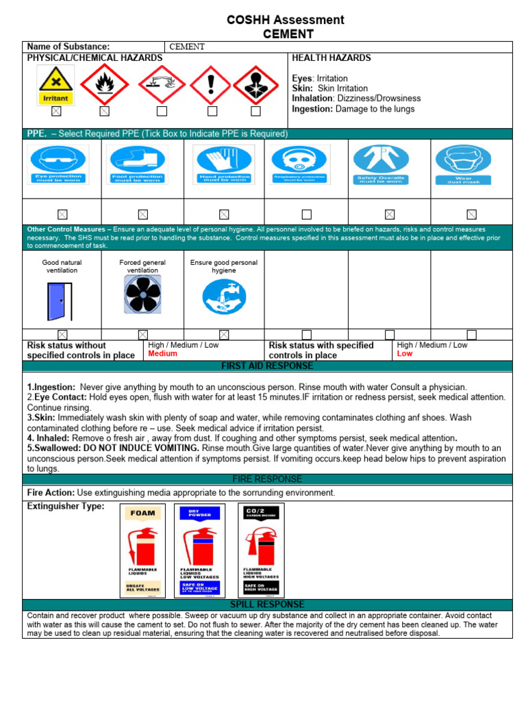 4 COSHH Assessment Substance Handling Sheet - 4 Cement | PDF | Hygiene | Personal Protective ...