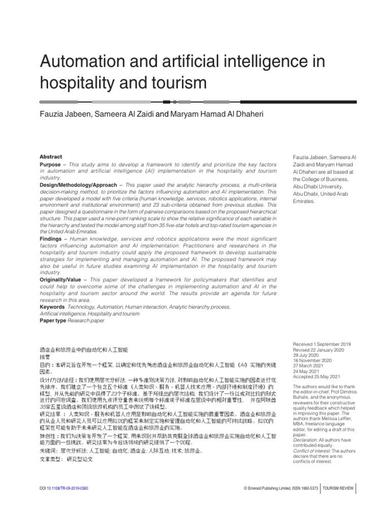 Automation and Artificial Intelligence in Hospitality and Tourism | PDF ...