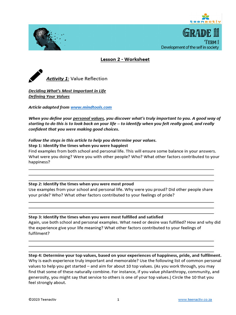 LO - Term 1 - Lesson 2 - Worksheet 1 | PDF | Quality Of Life | Happiness