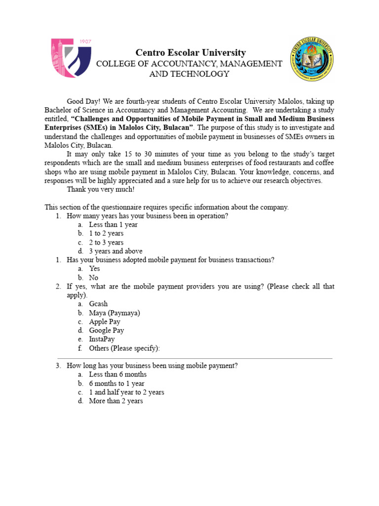 Research Questionnaire PDF | Download Free PDF | Payments | Sales