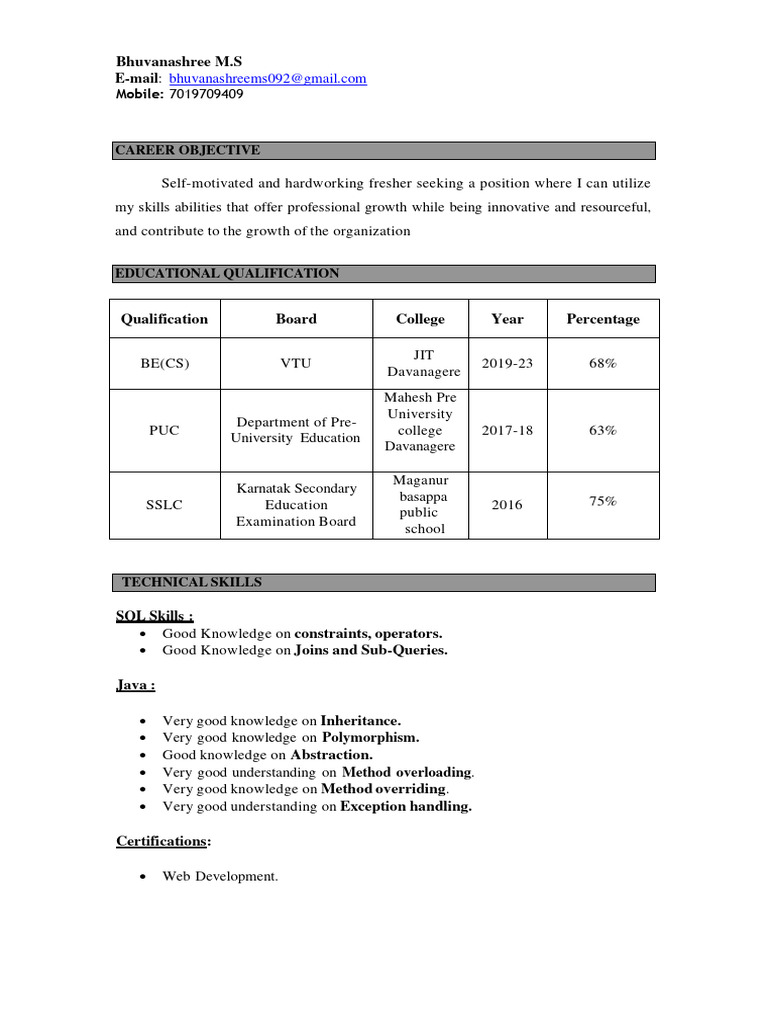 Bhuvana Resume | PDF | Object Oriented Programming | Information Technology