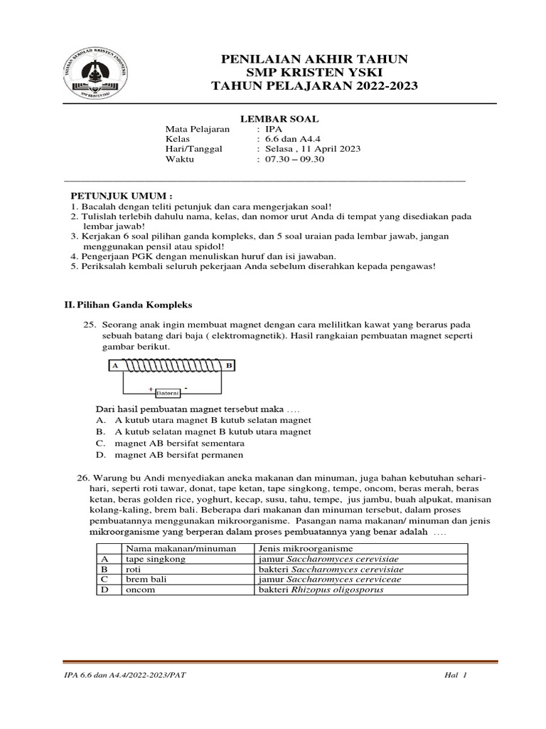 Soalpat Ipa PGK Dan Uraian 6.6.a4.4 2022 2023 | PDF
