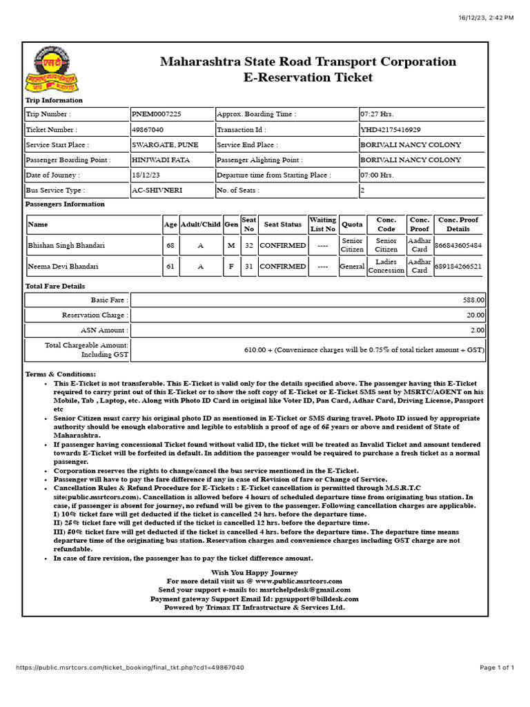 MSRTC - Online Reservation System | PDF | Identity Document | Fare