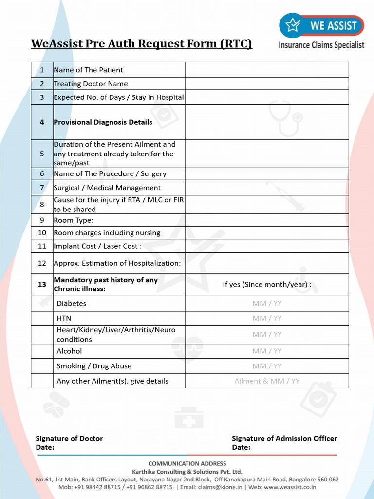New Pre Auth Declaration Form WeAssist | PDF | Patient | Hospital