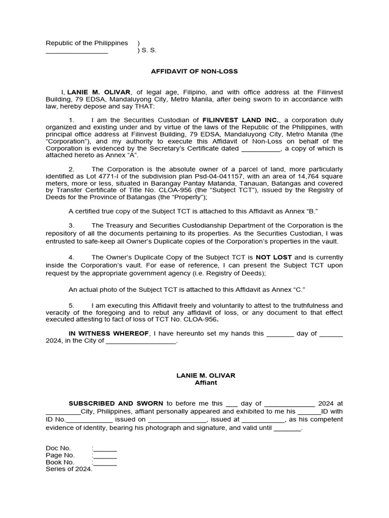 Affidavit of Non-Loss | Download Free PDF | Affidavit | Legal Documents