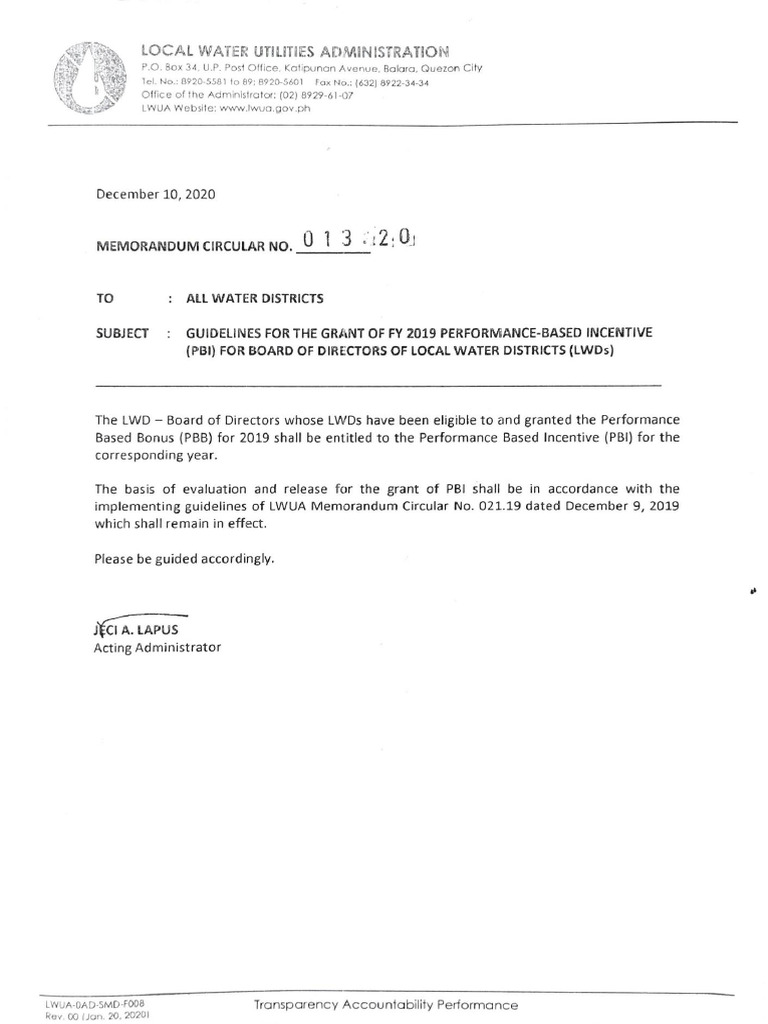 MC - 13 - 20 GUIDELINES FOR THE GRANT OF FY 2019 PBI FOR BOD OF LWDs | PDF