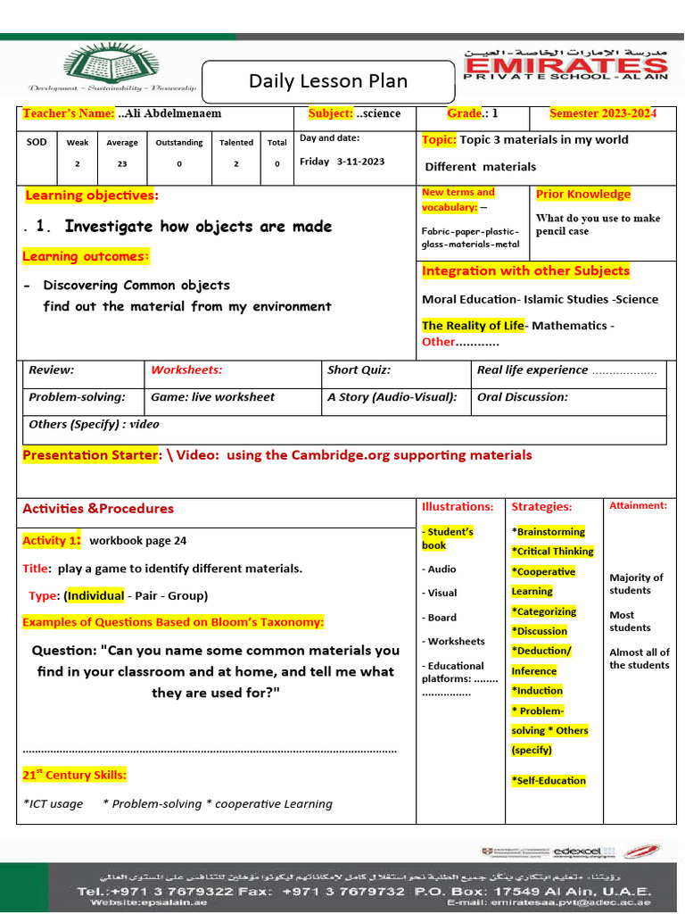 Lesson Plan - Grade 1 Materials | PDF