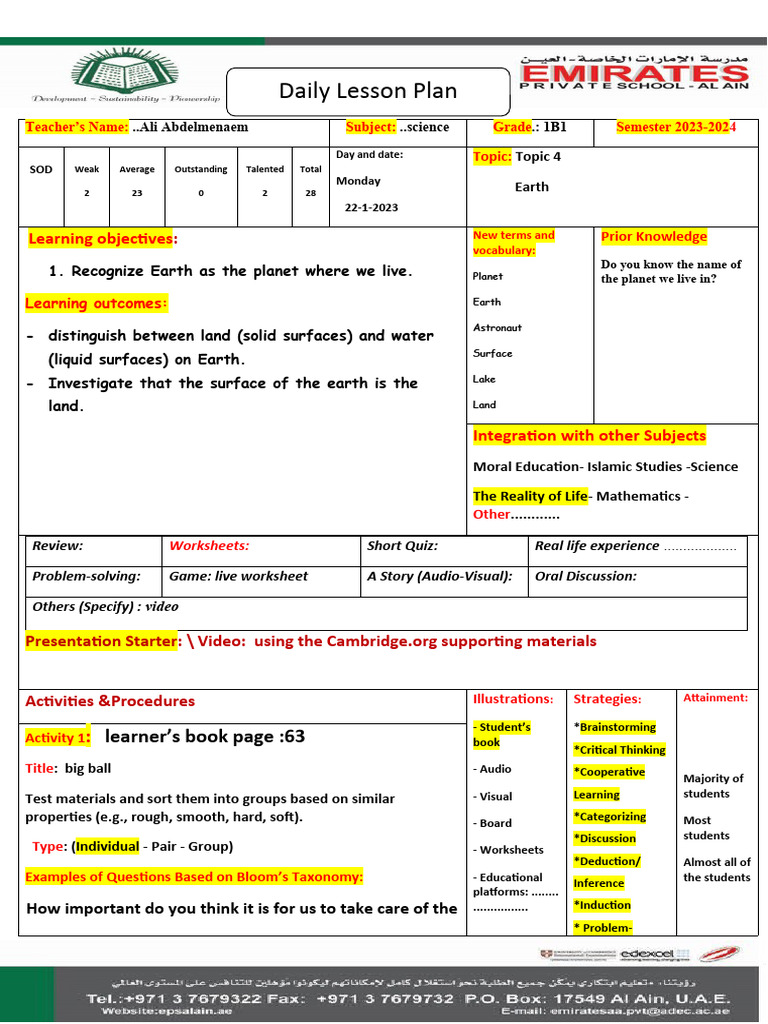 Lesson Plan - Grade 1 Earth 1 | PDF | Lesson Plan | Learning