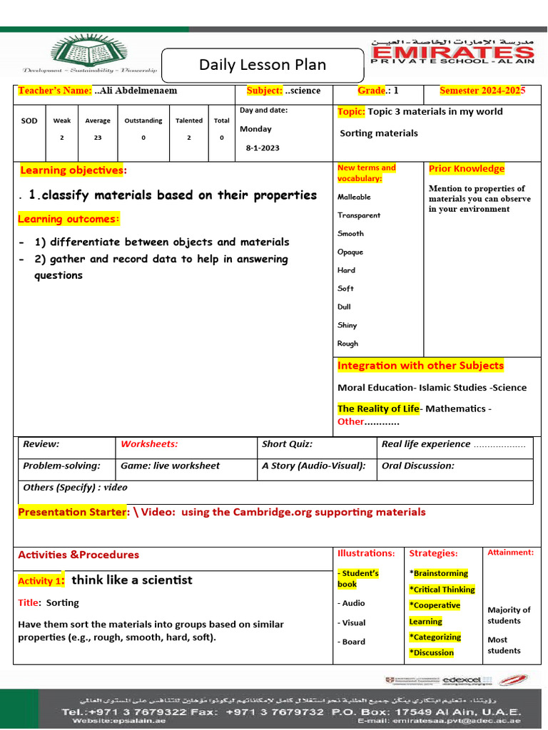 Lesson Plan - Grade 1 Materials3 | PDF | Lesson Plan | Learning