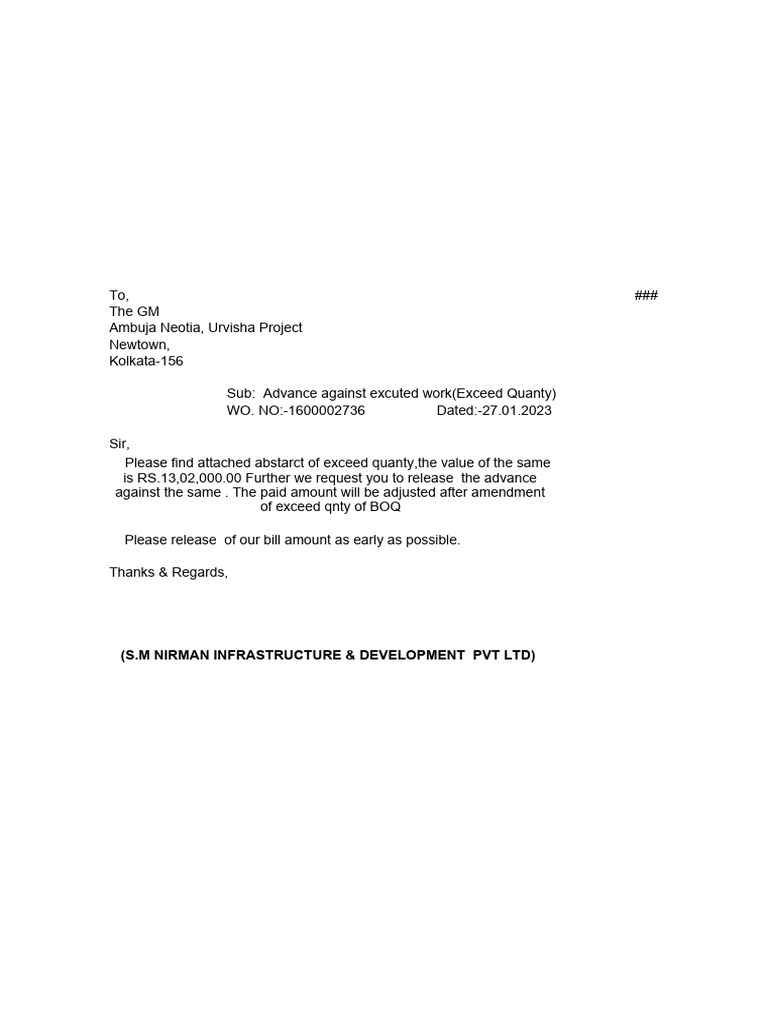 Advance Against Excuted Work (Exceed Quanty) | PDF | Public Finance ...