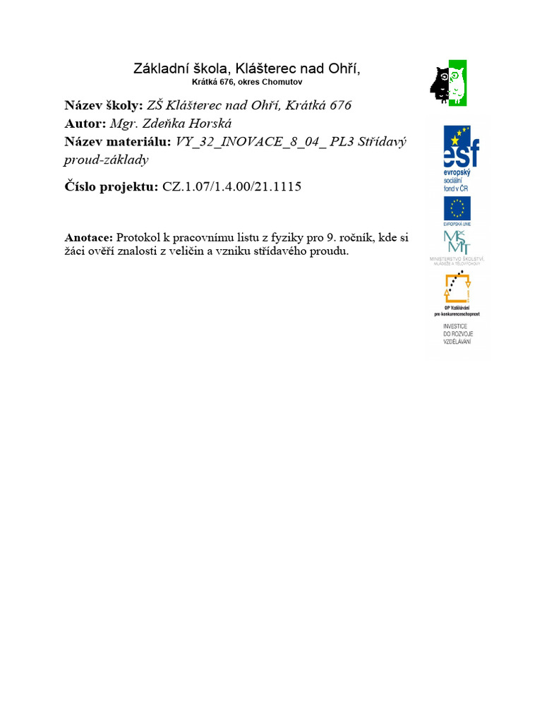 Vy 32 Inovace 8 04 pl3 Stridavy Proud Zaklady | PDF
