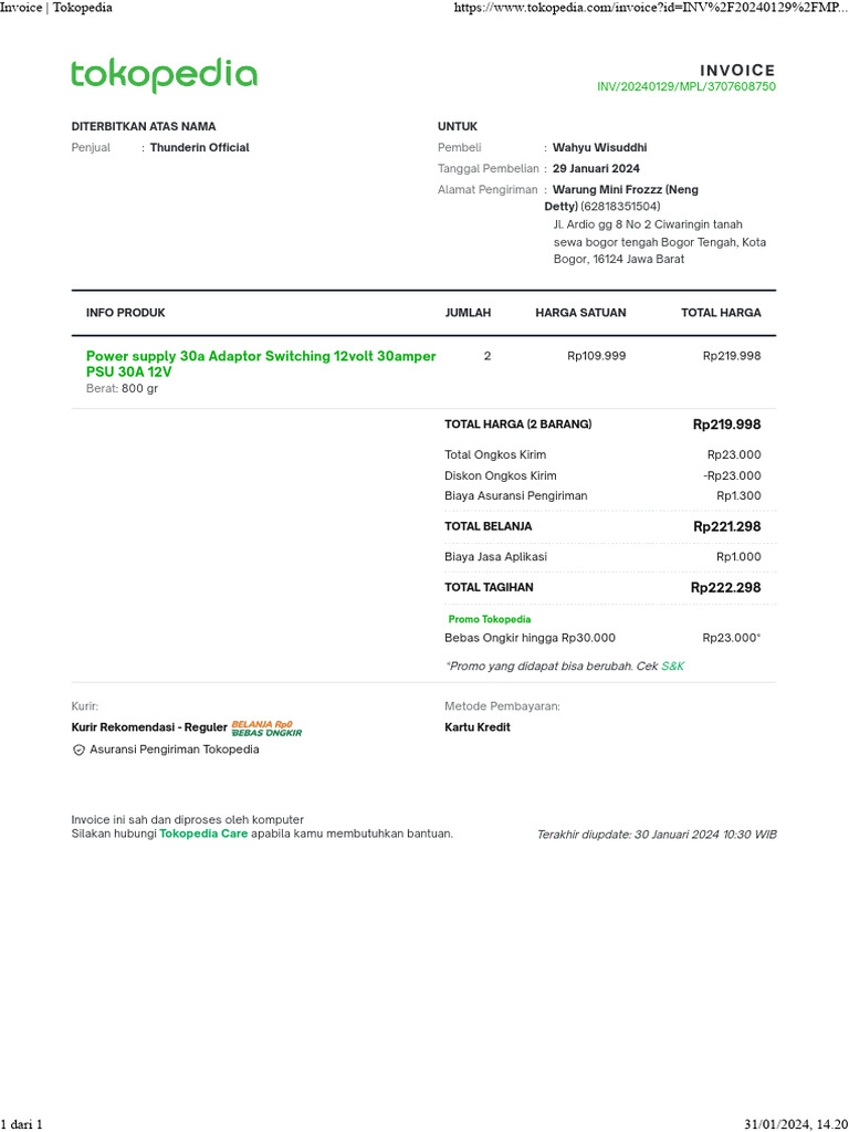 Invoice Pembelian Power Supply 30A | PDF