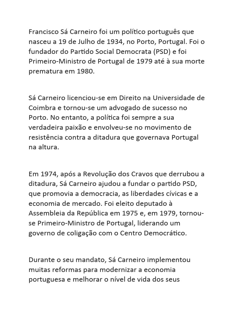 Biografia de Francisco Sá Carneiro | PDF | Política | Ciências Sociais