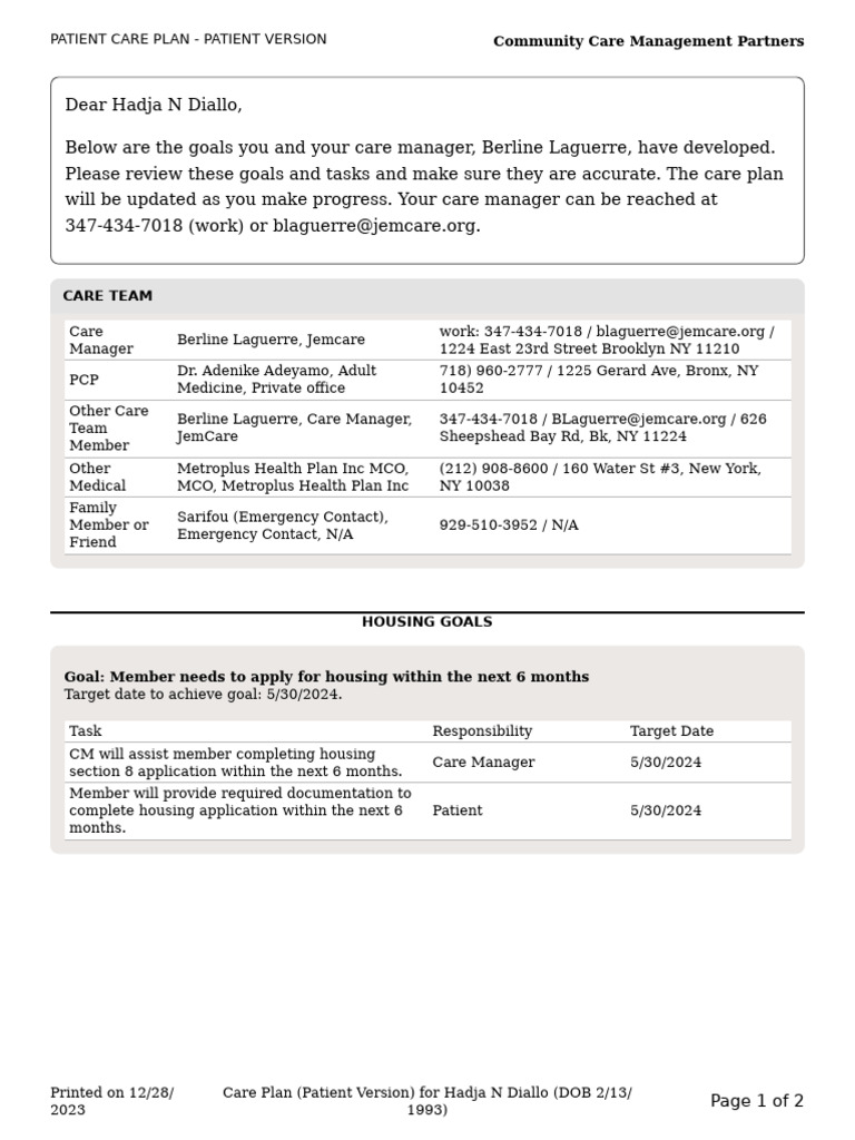 Patient Care Plan for Hadja Diallo | PDF | Health Sciences | Public ...